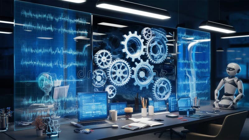 A High-tech Workspace Scene with Transparent Screens Displaying ...