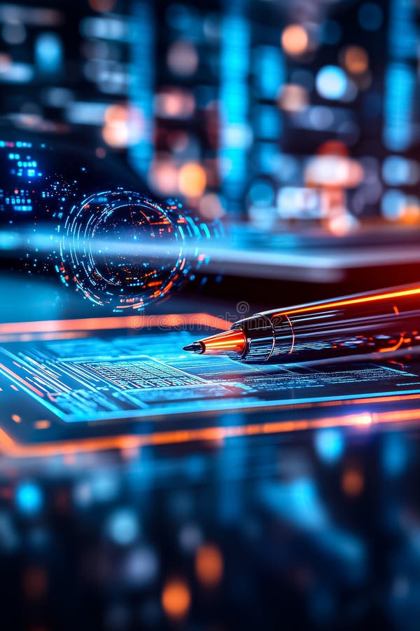 A High-tech Workspace Showcases a Glowing Holographic Pen Interacting ...