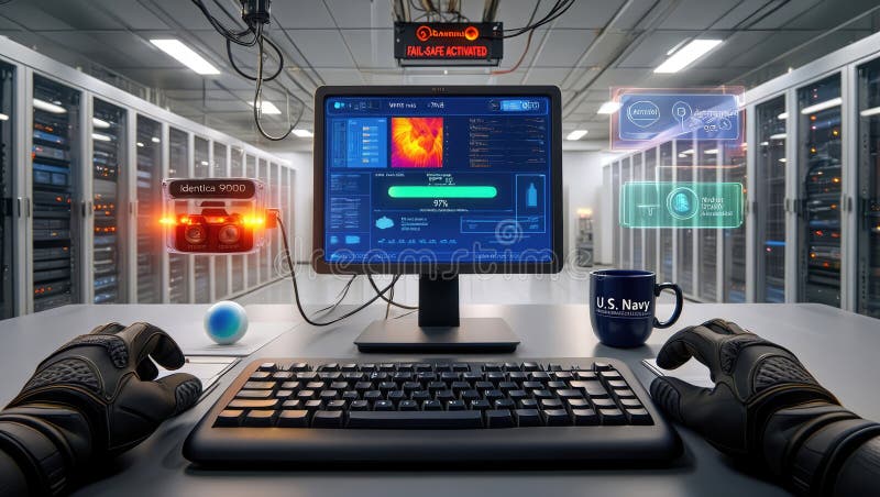 High Tech Workstation with Advanced AI Interface Monitoring Data in ...