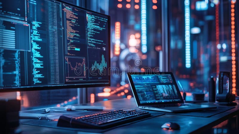 High Tech Workstation With Data And Coding On Multiple Screens Stock