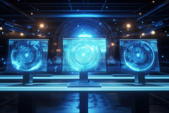 Futuristic Computer Setup with Three Glowing Screens in a Dark Room ...