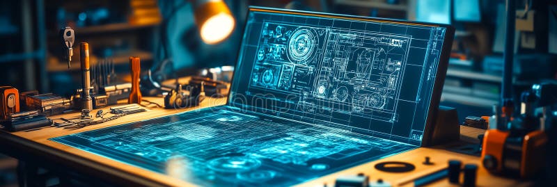 High-tech Workstation Featuring Holographic Display with Technical ...