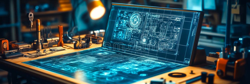 High-tech Workstation Featuring Holographic Display with Technical ...