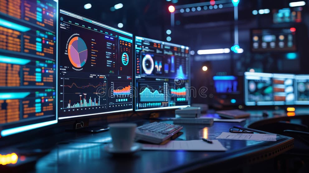 High-tech Workstation with Multiple Computer Monitors Displaying Graphs and Analytical Data. AI ...