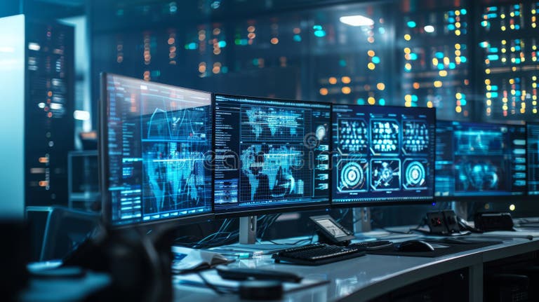 High-tech Workstation with Multiple Computer Monitors Displaying Graphs ...