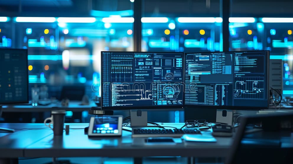 High-tech Workstation with Multiple Computer Monitors Displaying Graphs ...