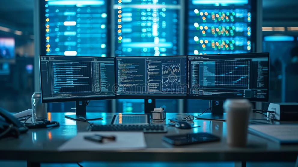 High-tech Workstation with Multiple Computer Monitors Displaying Graphs and Analytical Data. AI ...