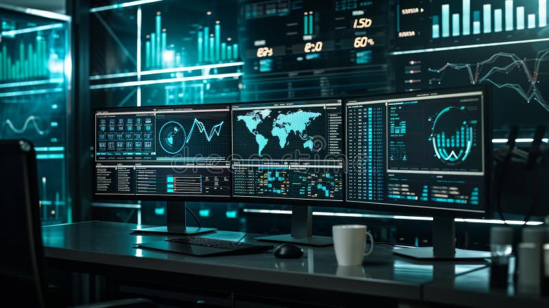 High-tech Workstation with Multiple Computer Monitors Displaying Graphs ...
