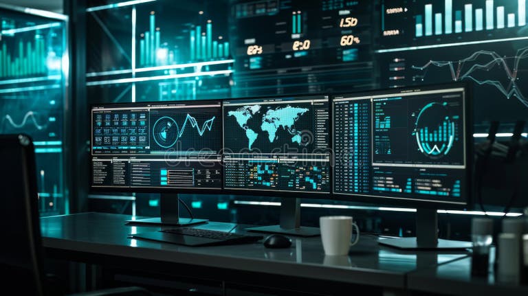 High-tech Workstation with Multiple Computer Monitors Displaying Graphs ...