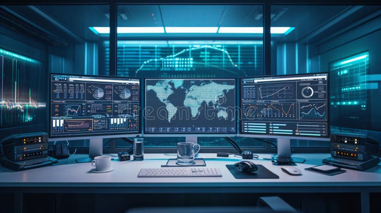 High-tech Workstation with Multiple Computer Monitors Displaying Graphs ...
