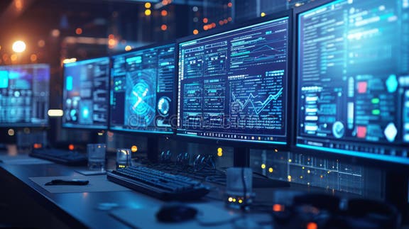 High-tech Workstation with Multiple Computer Monitors Displaying Graphs ...