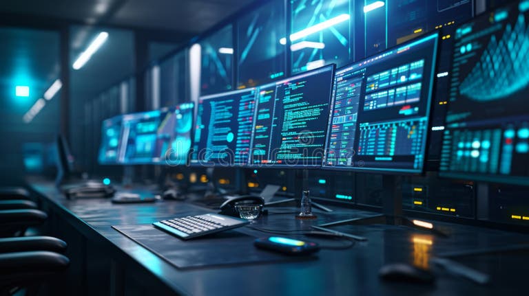 High-tech Workstation with Multiple Computer Monitors Displaying Graphs ...