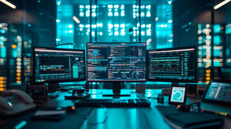 High Tech Workstation With Multiple Computer Monitors Displaying Graphs And Analytical Data Ai