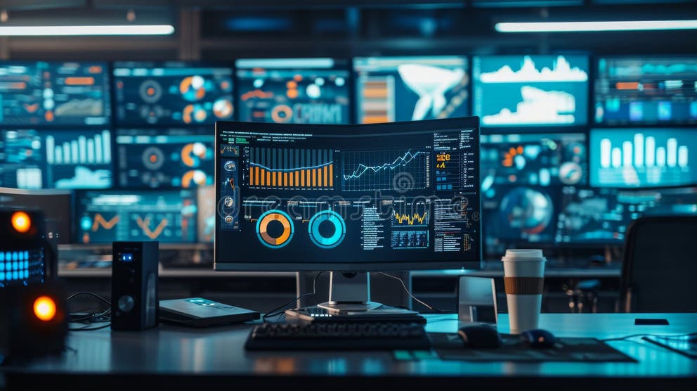 High-tech Workstation with Multiple Computer Monitors Displaying Graphs and Analytical Data. AI ...