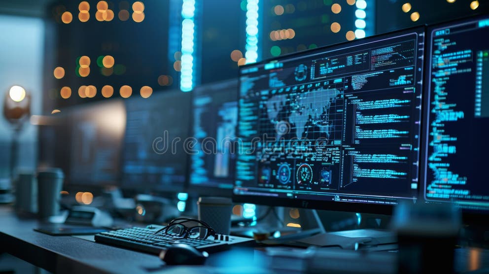 High-tech Workstation with Multiple Computer Monitors Displaying Graphs ...