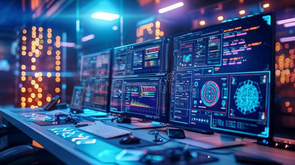 High-tech Workstation with Multiple Computer Monitors Displaying Graphs ...