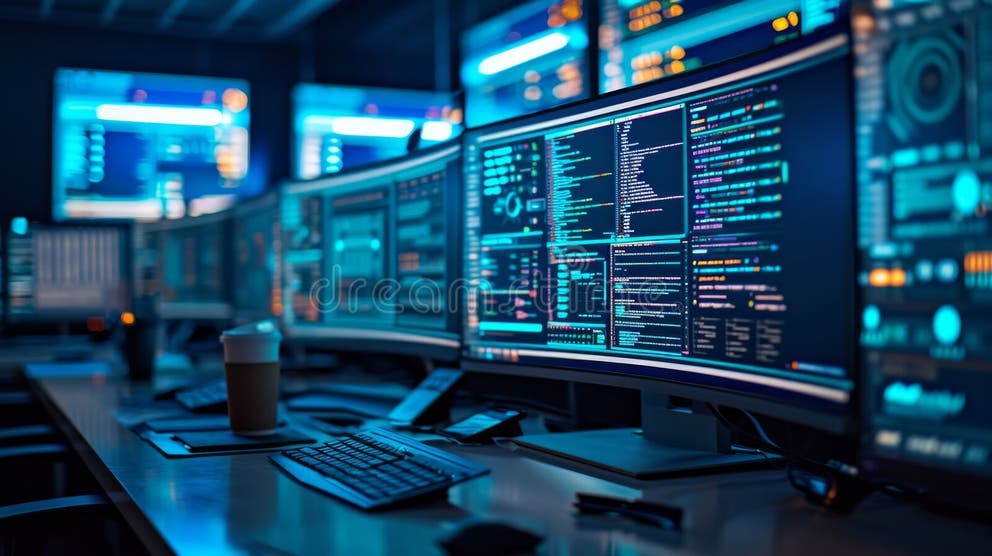 High-tech Workstation with Multiple Computer Monitors Displaying Graphs ...