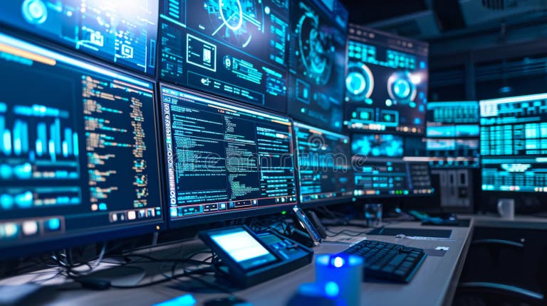 High-tech Workstation with Multiple Computer Monitors Displaying Graphs ...