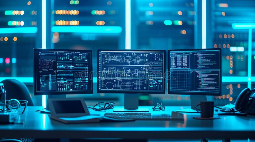 High-tech Workstation with Multiple Computer Monitors Displaying Graphs ...