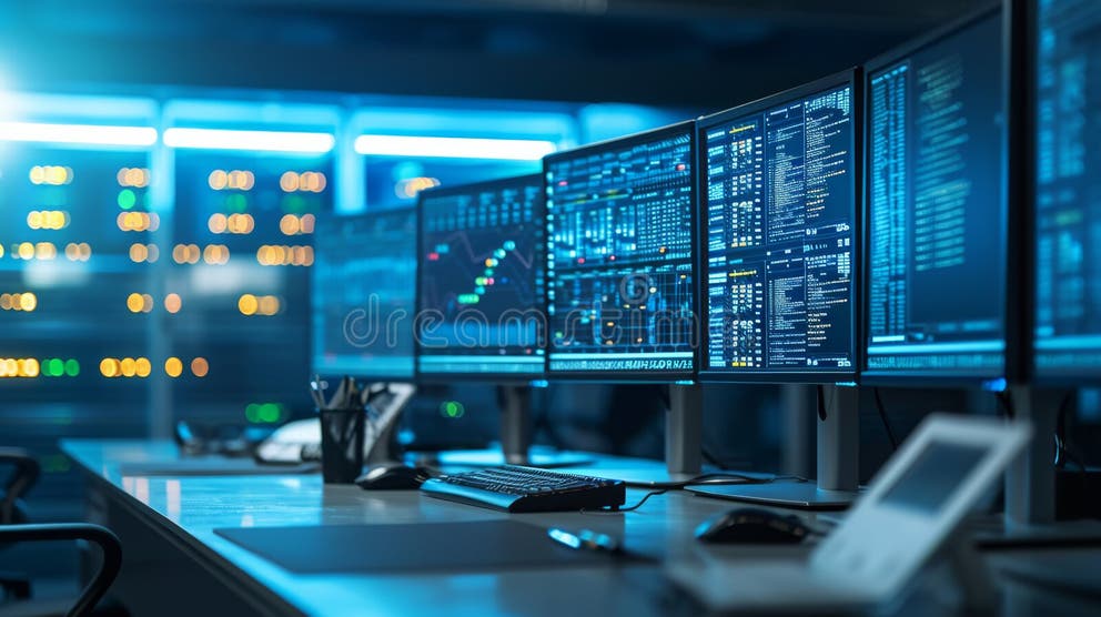 High-tech Workstation with Multiple Computer Monitors Displaying Graphs and Analytical Data. AI ...