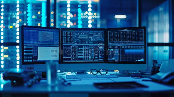 High-tech Workstation with Multiple Computer Monitors Displaying Graphs ...