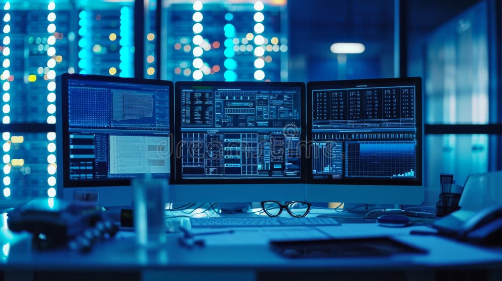 High-tech Workstation with Multiple Computer Monitors Displaying Graphs and Analytical Data. AI ...