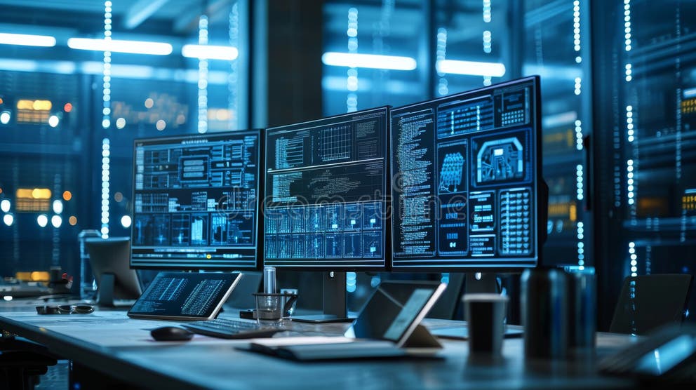 High-tech Workstation with Multiple Computer Monitors Displaying Graphs ...