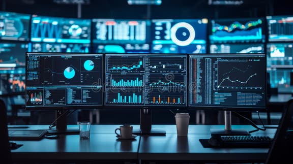High-tech Workstation with Multiple Computer Monitors Displaying Graphs ...