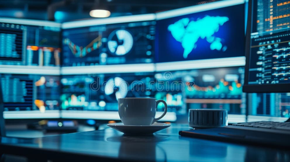 High-tech Workstation with Multiple Computer Monitors Displaying Graphs ...