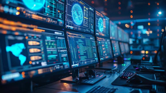 High-tech Workstation with Multiple Computer Monitors Displaying Graphs ...