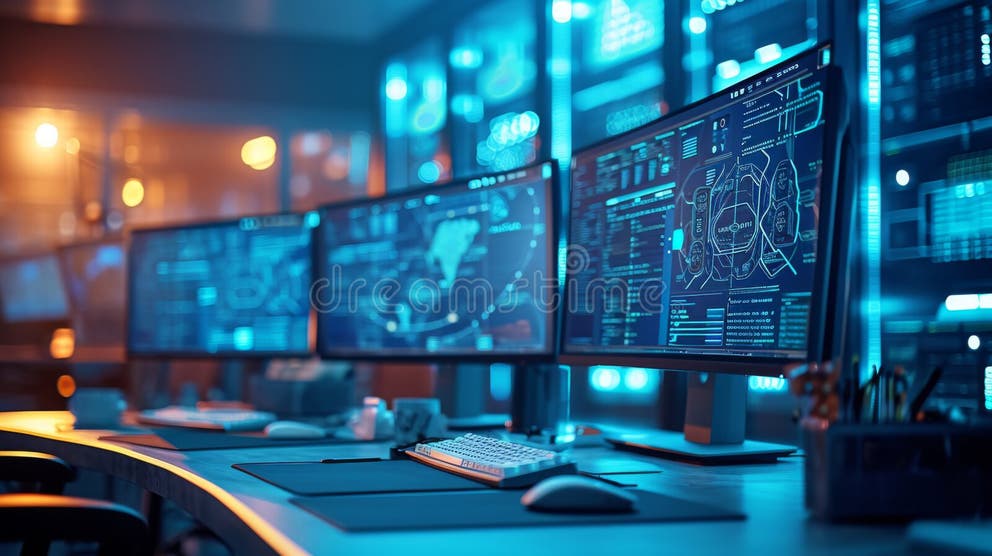 High-tech Workstation with Multiple Computer Monitors Displaying Graphs and Analytical Data. AI ...