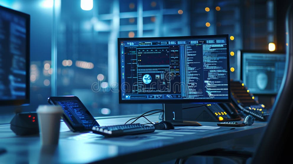 High-tech Workstation with Multiple Computer Monitors Displaying Graphs ...