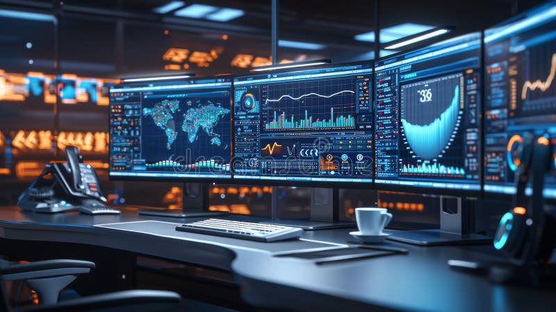 High-tech Workstation with Multiple Computer Monitors Displaying Graphs and Analytical Data. AI ...