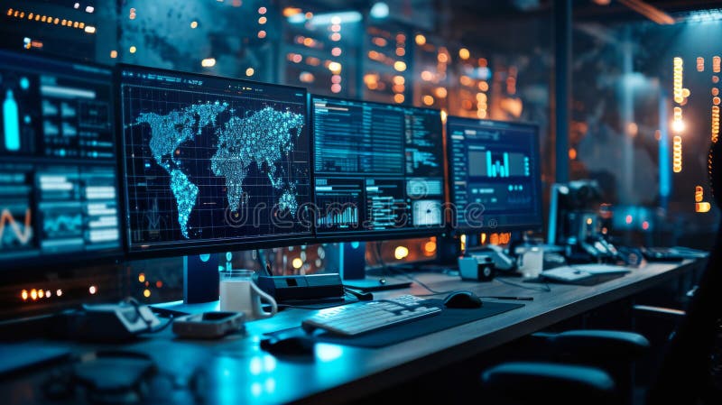 High-tech Workstation with Multiple Computer Monitors Displaying Graphs and Analytical Data. AI ...