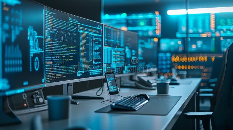 High-tech Workstation with Multiple Computer Monitors Displaying Graphs and Analytical Data. AI ...