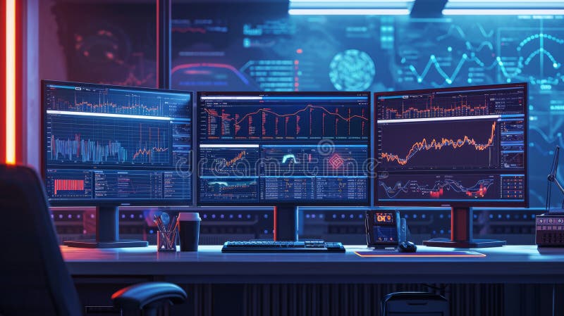 High-tech Workstation with Multiple Computer Monitors Displaying Graphs ...