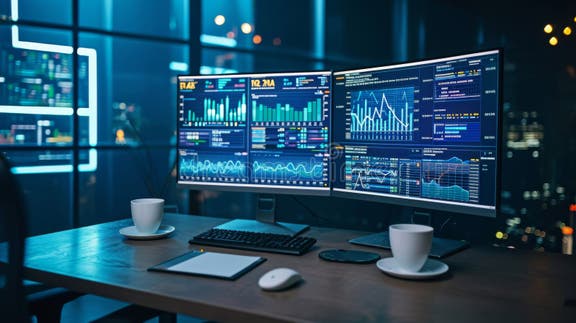 High-tech Workstation with Multiple Computer Monitors Displaying Graphs and Analytical Data. AI ...