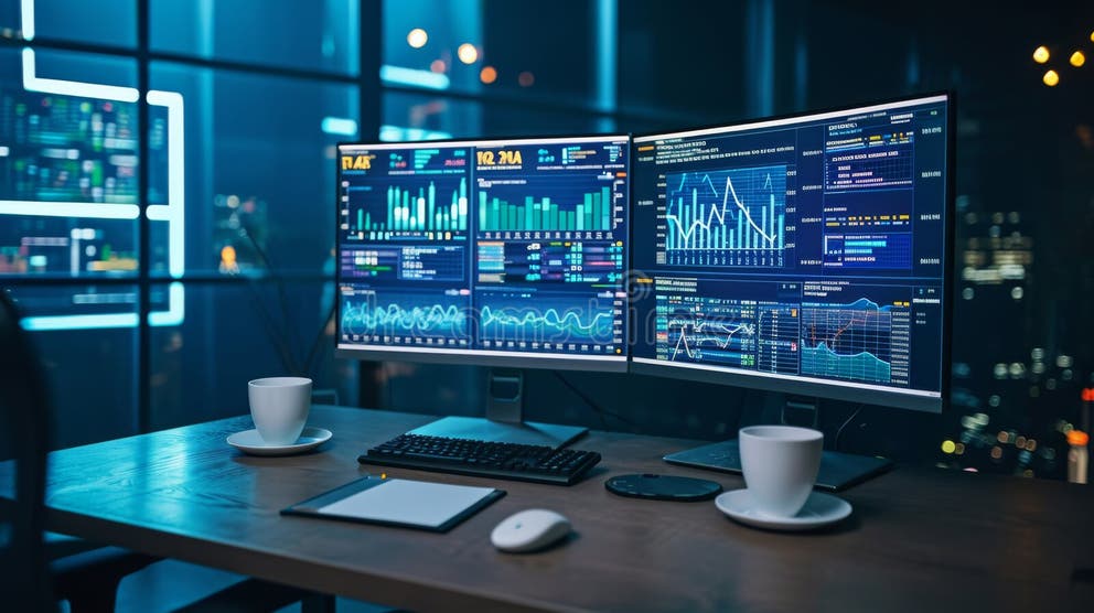 High-tech Workstation with Multiple Computer Monitors Displaying Graphs ...