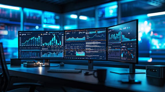 High-tech Workstation with Multiple Computer Monitors Displaying Graphs and Analytical Data. AI ...