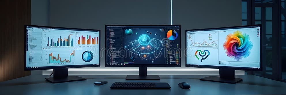 A High-tech Workstation with Multiple Monitors Displaying Charts and ...