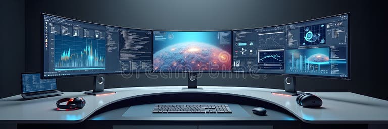 A High-tech Workstation with Multiple Monitors Displaying Charts and ...
