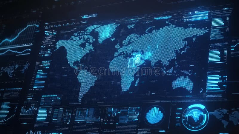 High-tech World Map Interface with Data Graphs and Analytics Stock ...