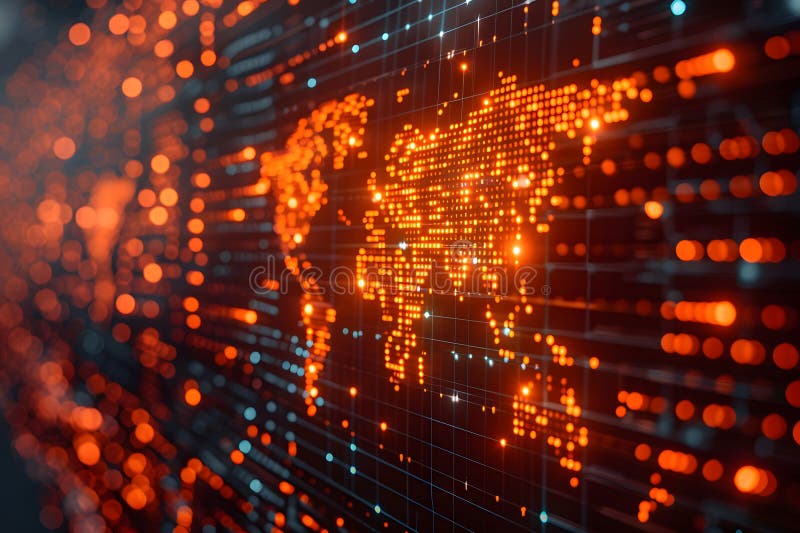 Digital World Map with Glowing Orange Dots and Network Visualization ...