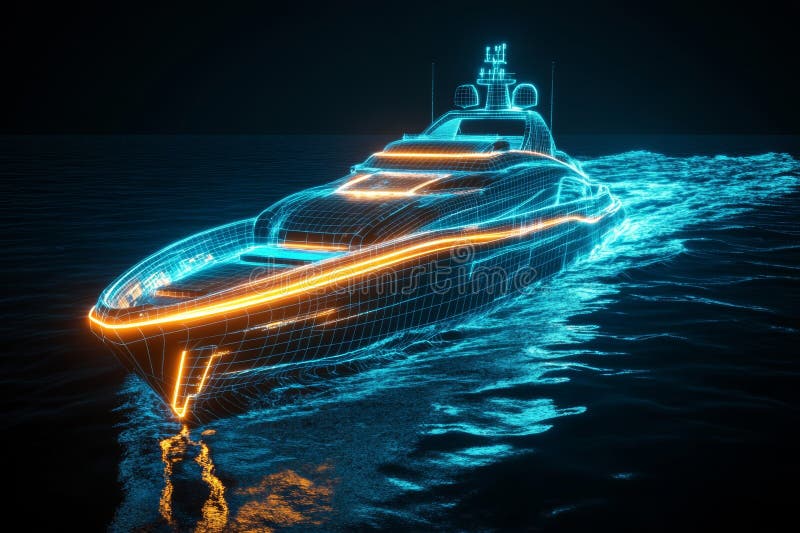 High-tech Yacht Gliding Across Dark Waters with Neon Light Effects at ...