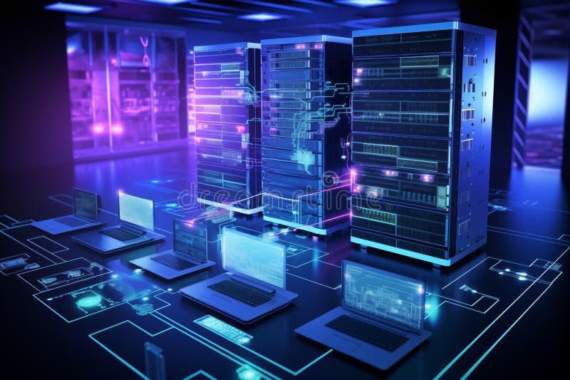 High Technological Network Equipment in Futuristic Server Room ...