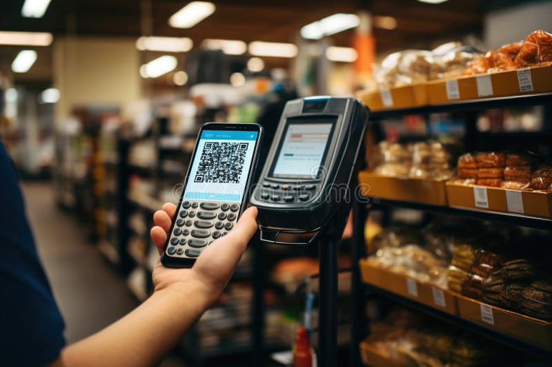 High Technology Cash Register in a Store. QR Code on Phone Stock ...
