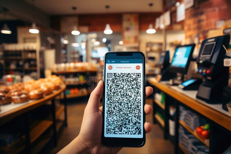 High Technology Cash Register in a Store. QR Code on Phone Stock ...