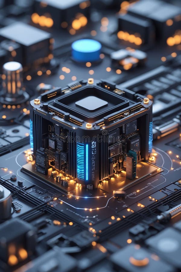 High Technology Circuit Board with Electronic Components and Neon ...