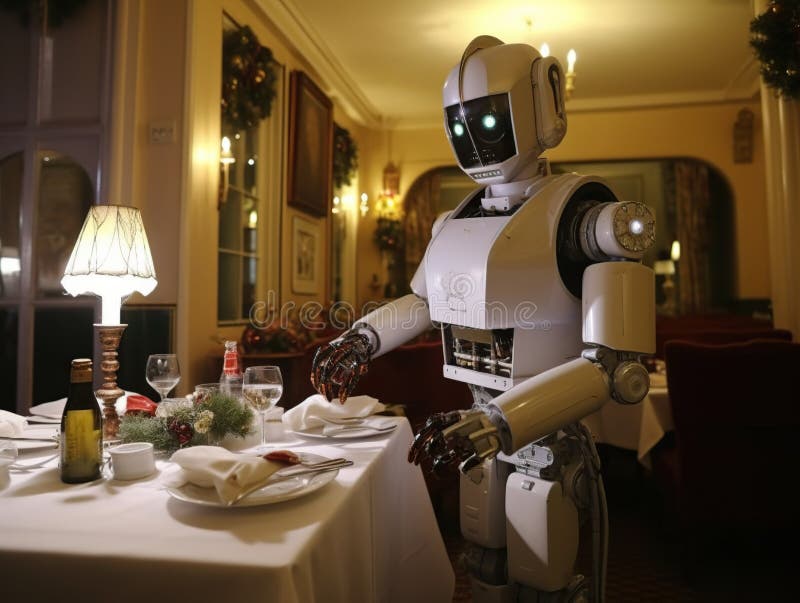 High Technology Modern Android Robot Serves the Table in the Restaurunt ...