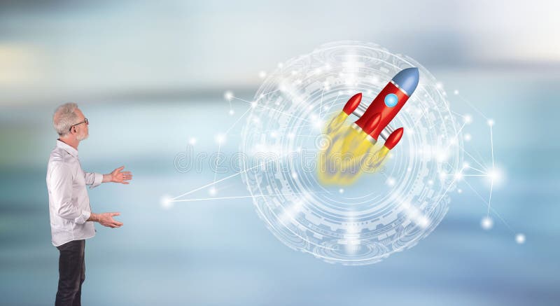 A High Technology Startup Explained by a Businessman on a Wall Screen ...